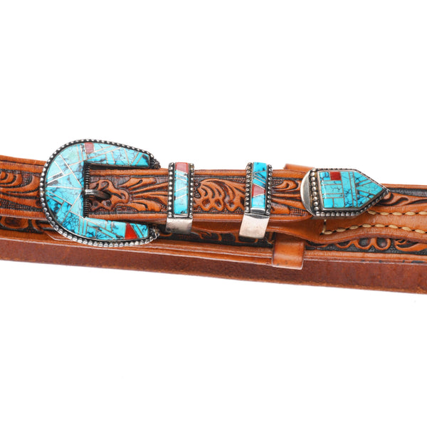 BG Mudd Navajo sterling silver turquoise/coral inlay ranger belt buckl ...