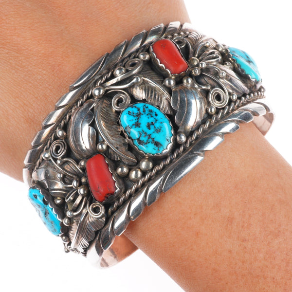 7.1" Victor Chee Navajo sterling silver turquoise/coral 80's cuff brac ...