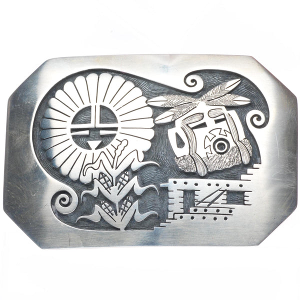Gary-Elsie Yoyokie Hopi/Zuni sterling silver Kachina/korn figures belt ...